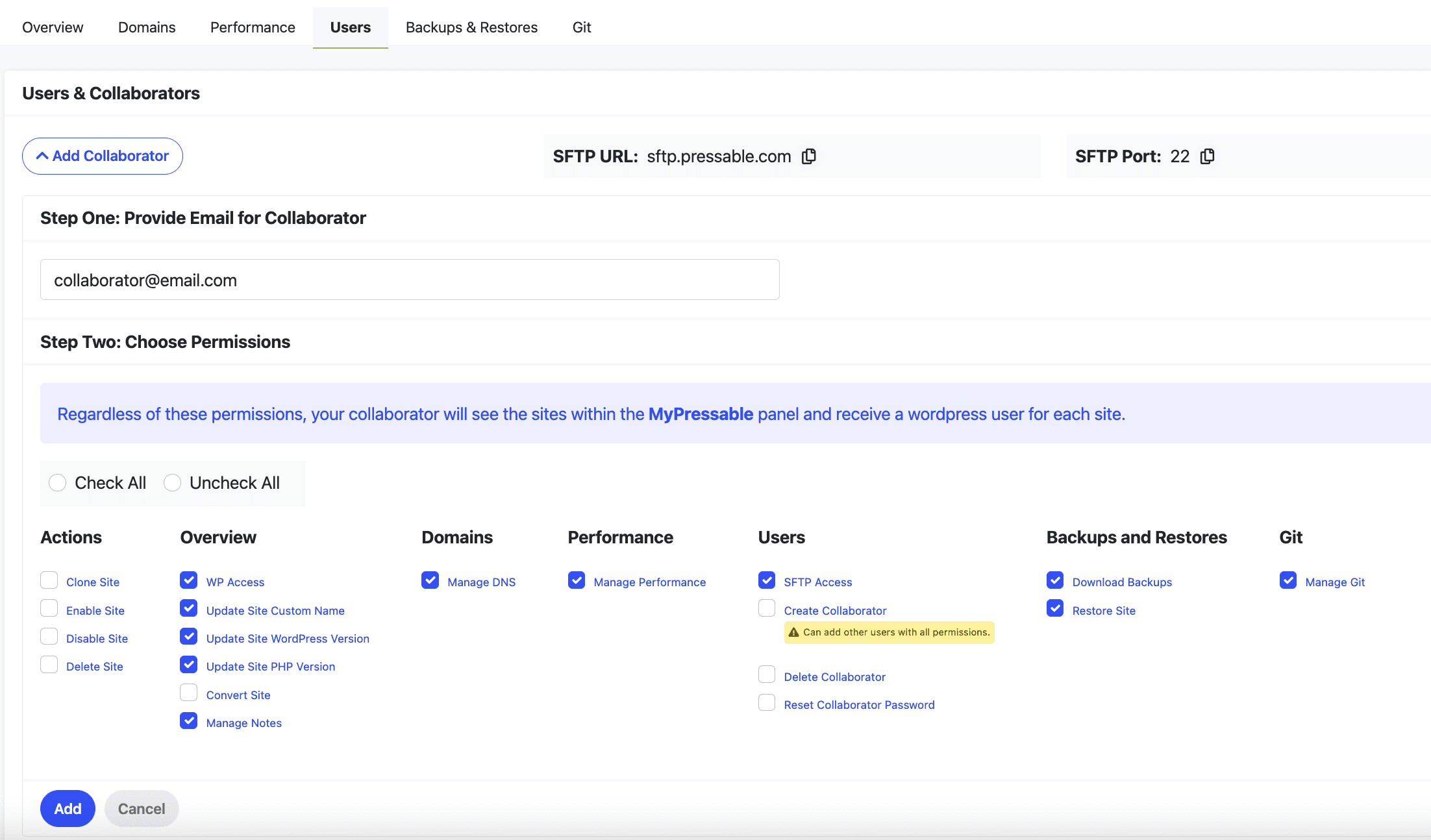 How do I add a collaborator to my site?